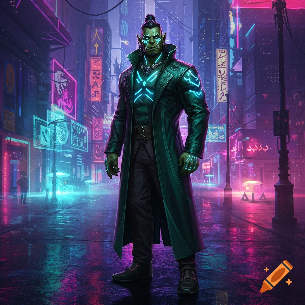 An imposing green-skinned orc in a glowing teal duster coat stands on a ...