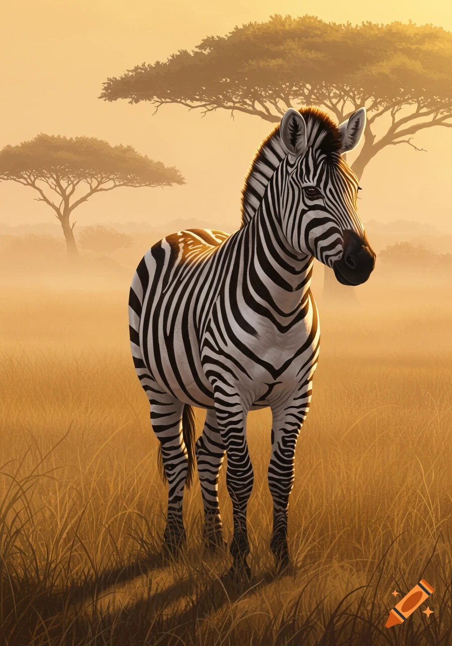 An illustrative image of a zebra standing in a sunny savanna landscape ...