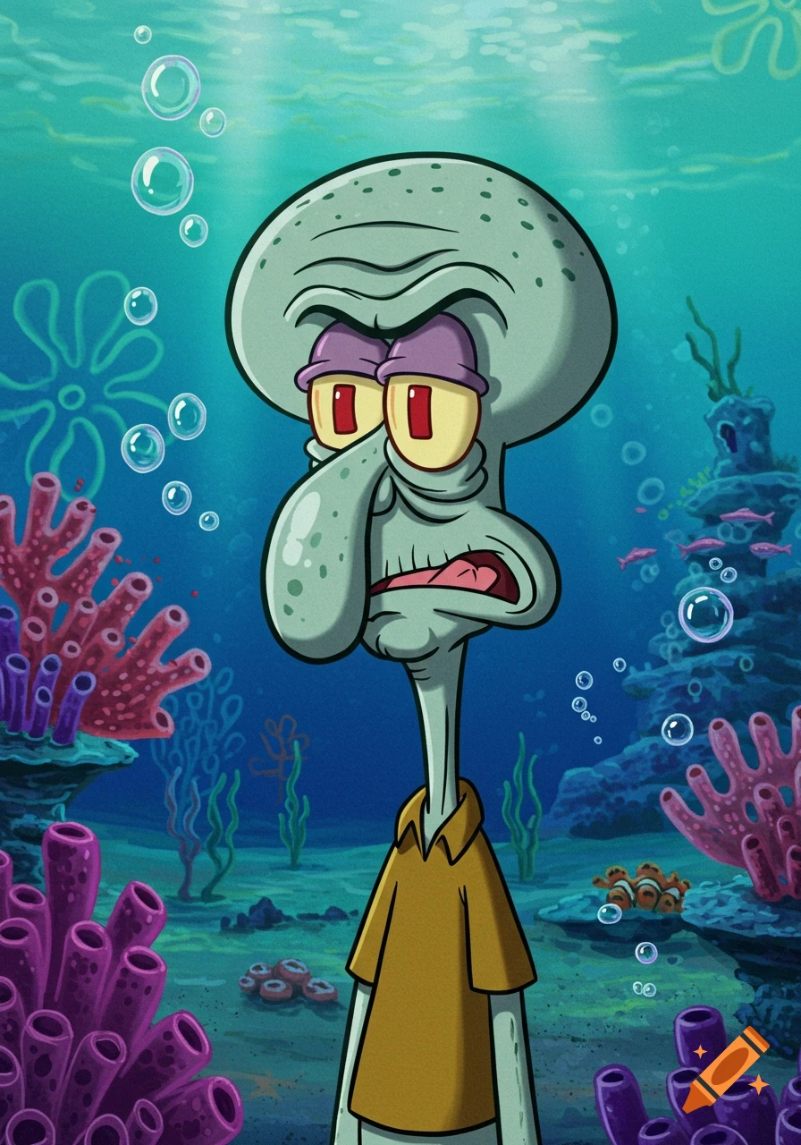 Squidward Tentacles with a grumpy expression, standing underwater among ...