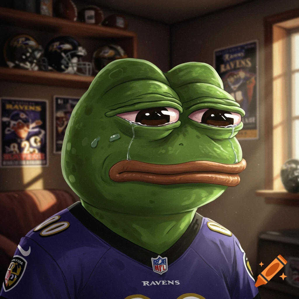 A crying, green Pepe the Frog wears a purple Baltimore Ravens jersey in ...
