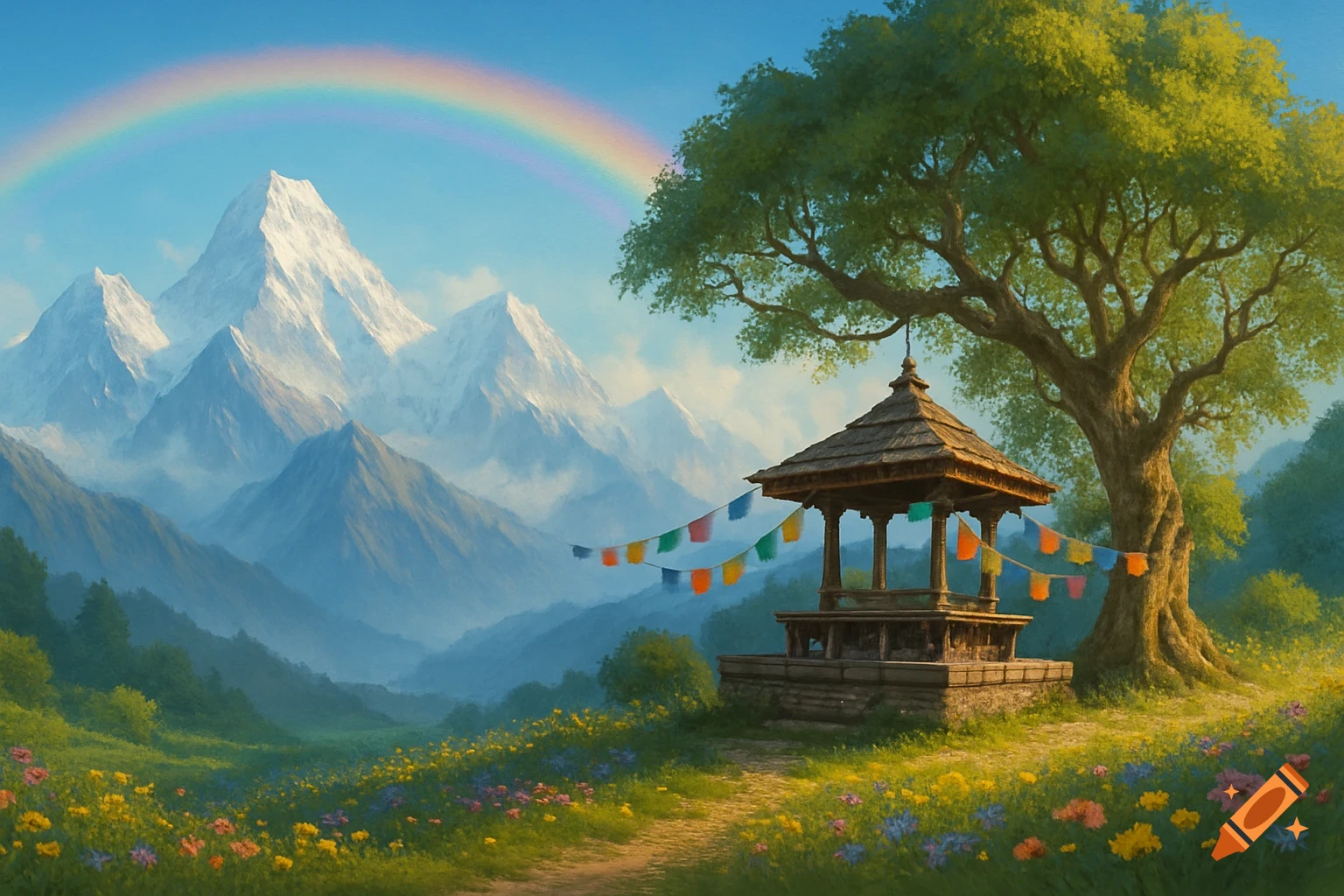 Vibrant mountain landscape with snow-capped peaks, a rainbow ...