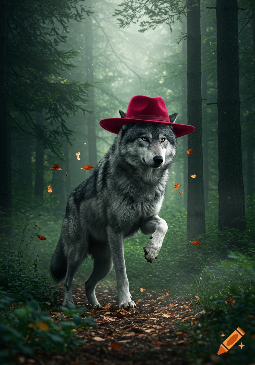 A gray wolf wearing a red fedora stands with a raised paw on a leaf ...
