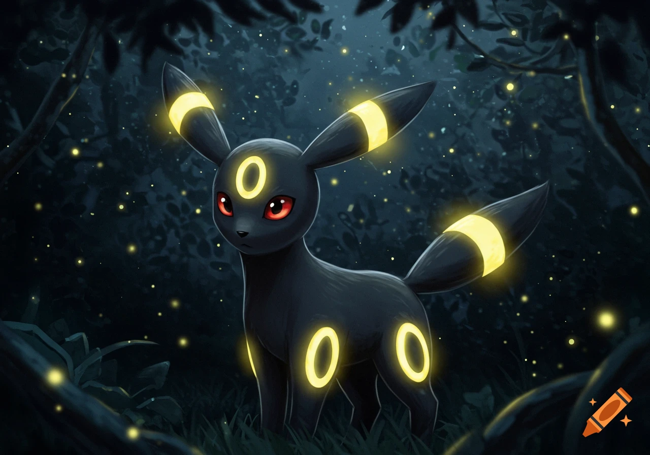 A dark Umbreon with glowing yellow rings stands in a magical moonlit ...