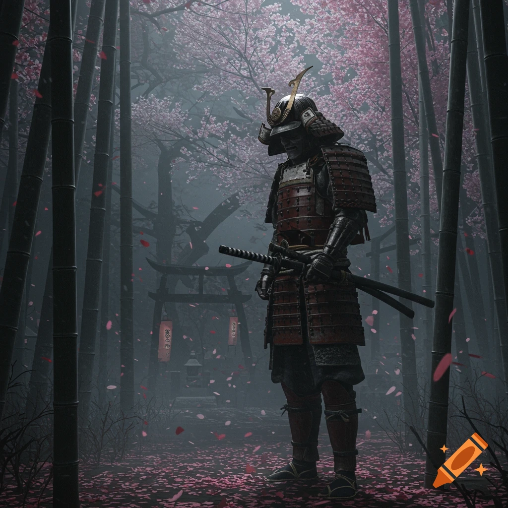 Japanese man in traditional attire holding a bow in a misty cherry ...