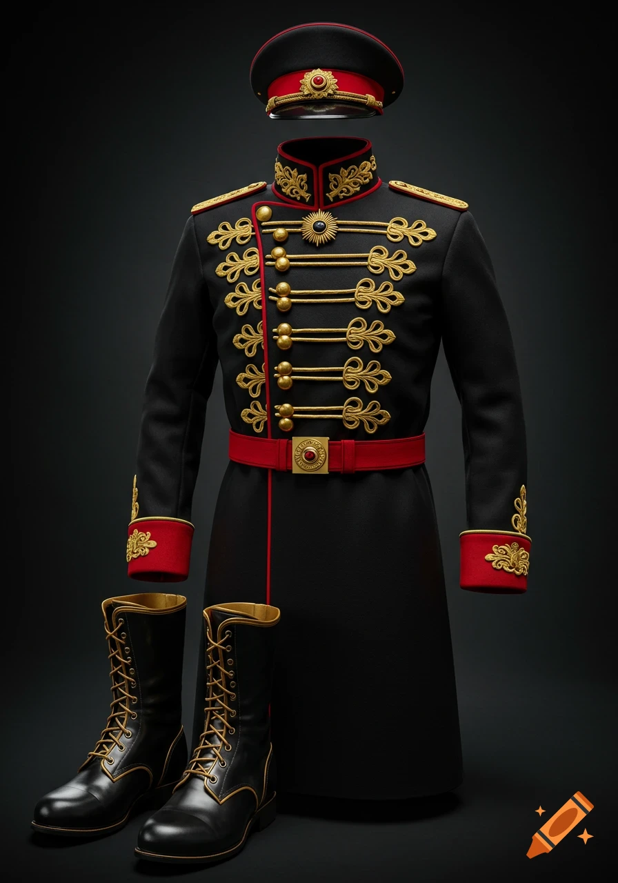 A man in a black and red futuristic military dress uniform with gold ...