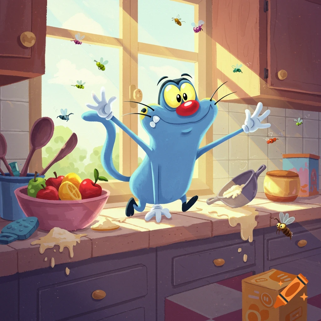A cheerful blue cartoon cat stands on a messy kitchen counter with ...