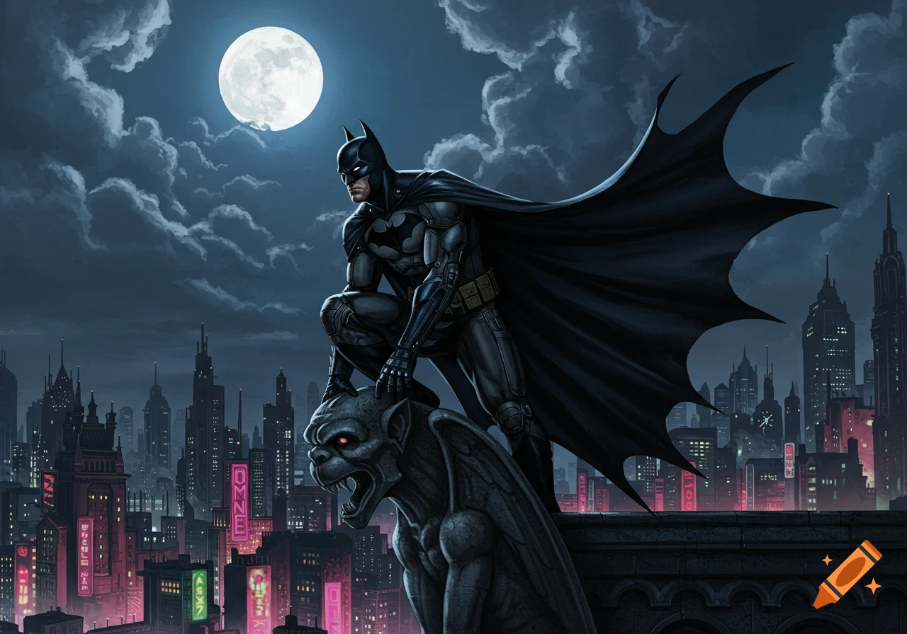 Batman crouches on a gargoyle overlooking a neon-lit cityscape under a ...