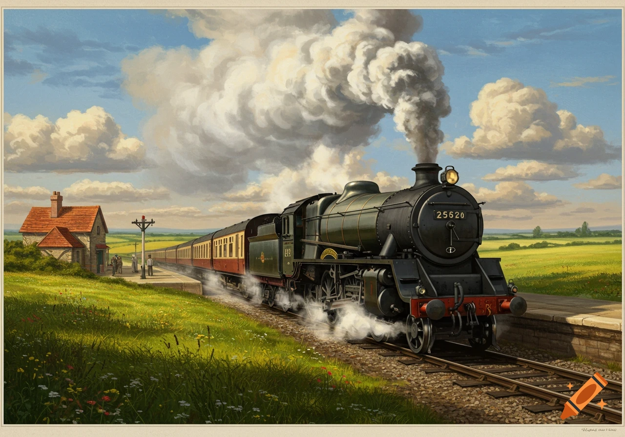 A detailed model train set featuring green steam trains on winding ...