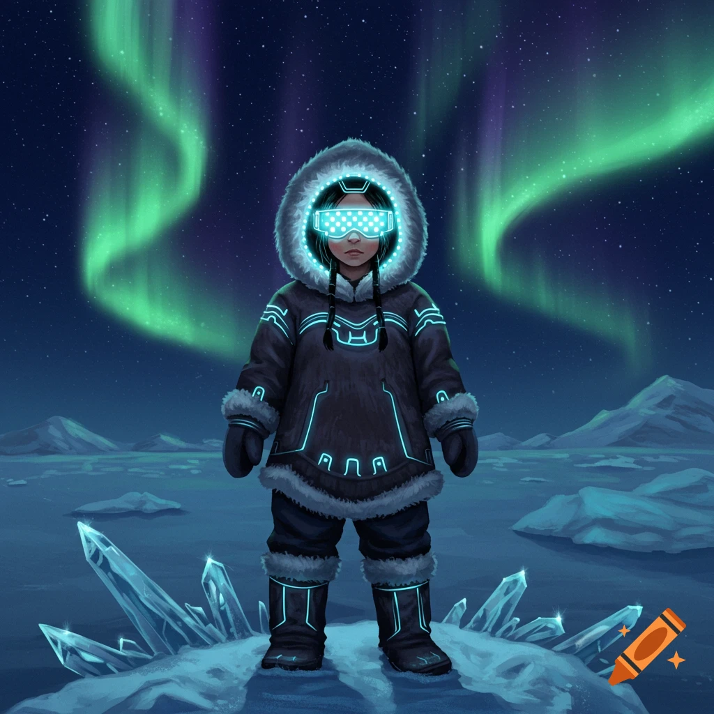 Illustration of a futuristic Inuit girl in a glowing VR headset and ...