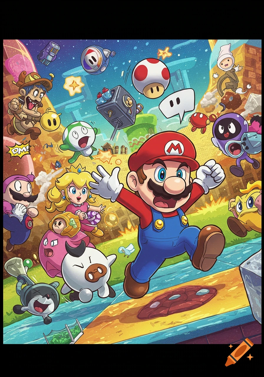 Mario runs forward with arms out, surrounded by Princess Peach, Toad ...