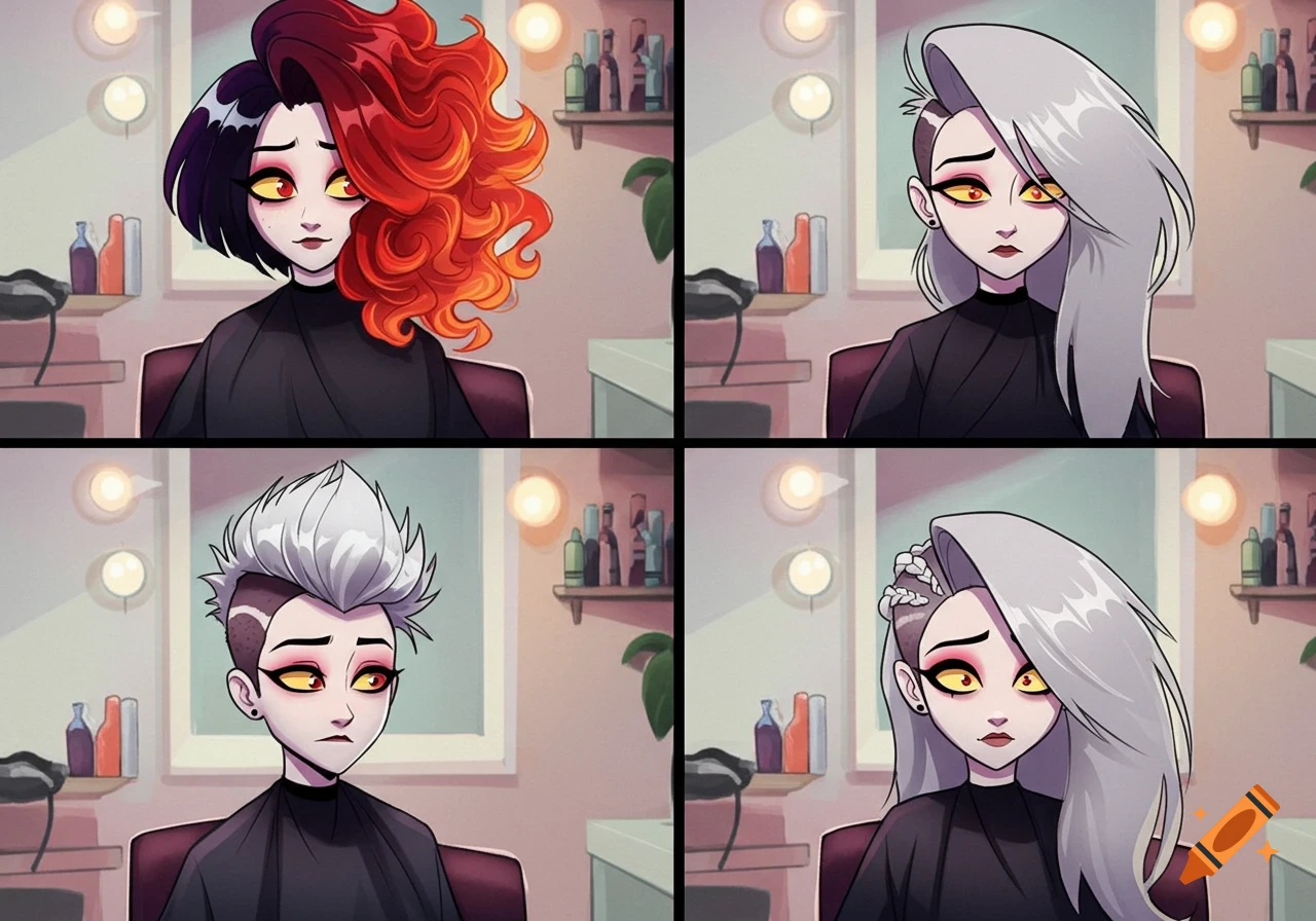 Four panels show cartoon character Loona in a salon chair, each with a ...