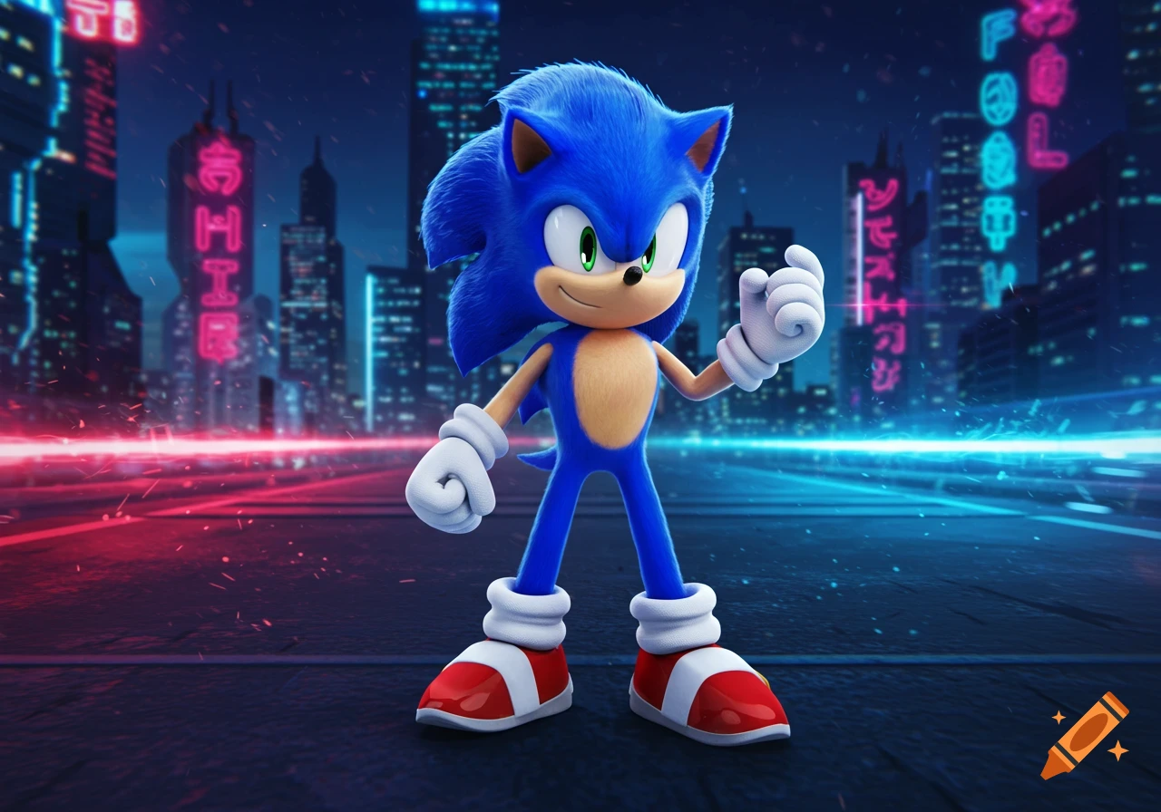 Sonic the Hedgehog stands in a neon-lit futuristic city at night, with ...