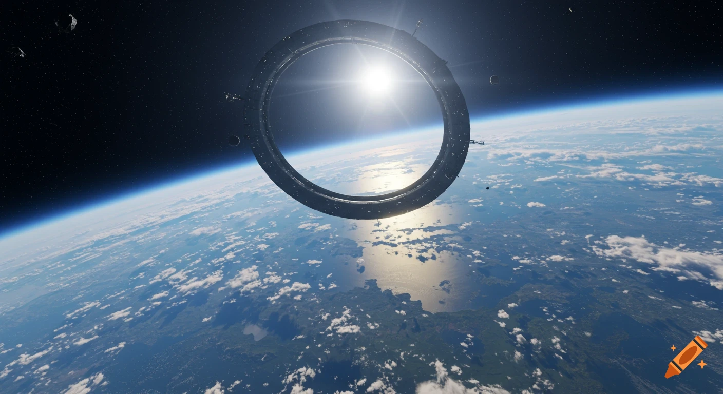 A photorealistic view of a massive ring-shaped megastructure in orbit ...