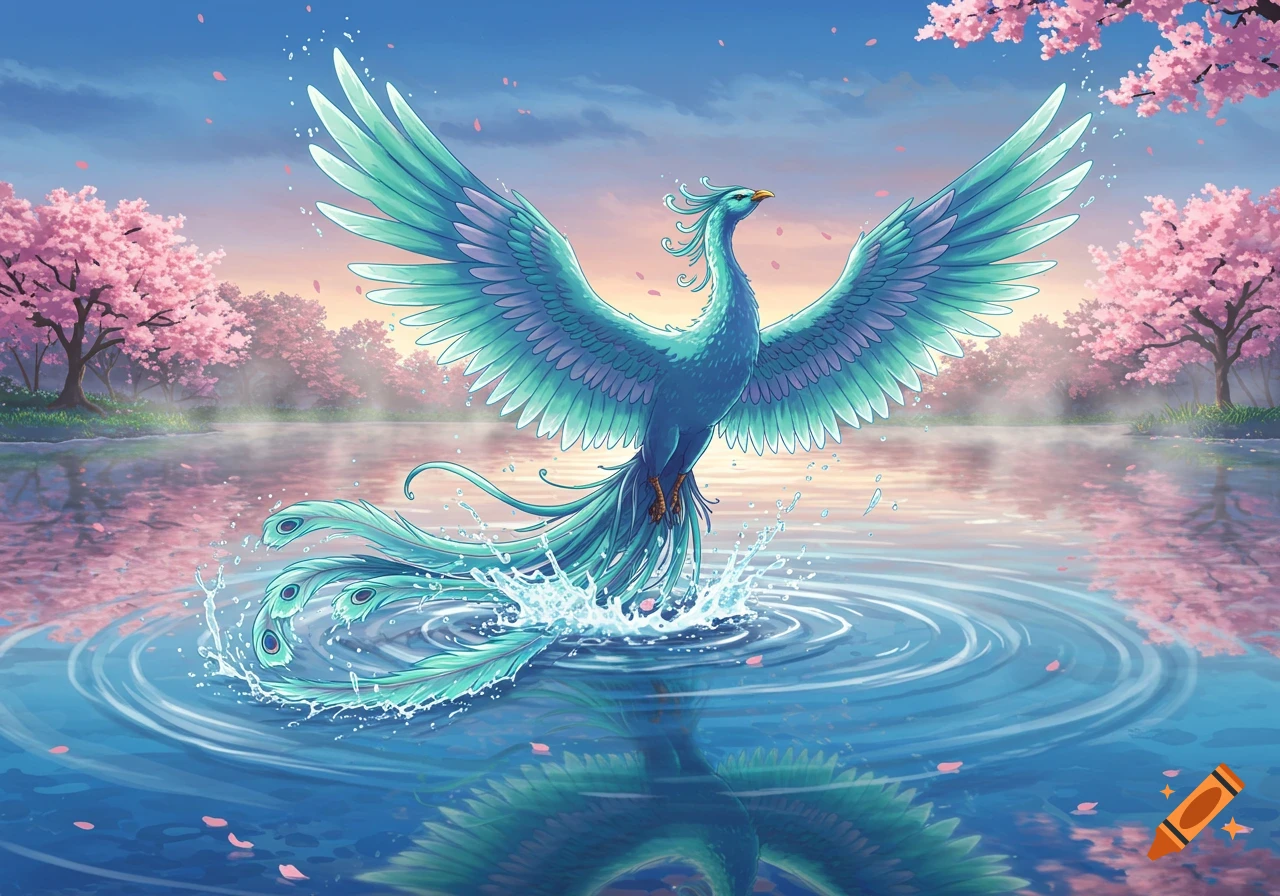 A vibrant, stylized bird with intricate patterns soars over a patterned ...