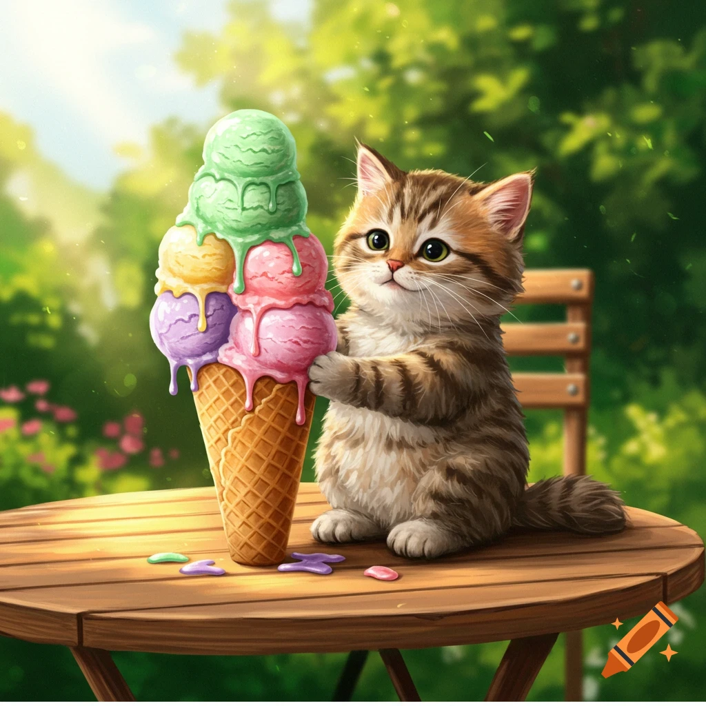 A cute fluffy tabby kitten sits at a wooden table, holding a giant ...