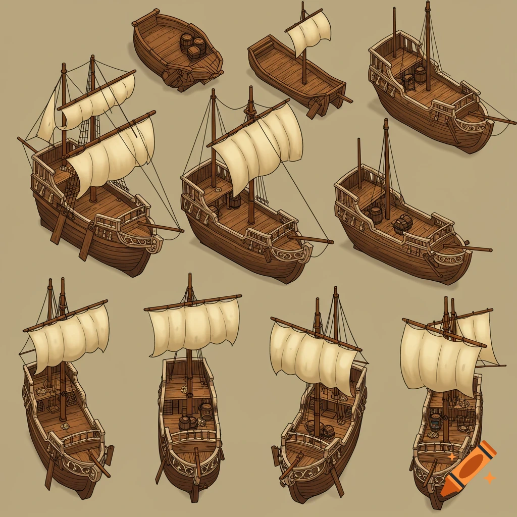 Isometric wooden medieval ships in various views for a spritesheet. on ...