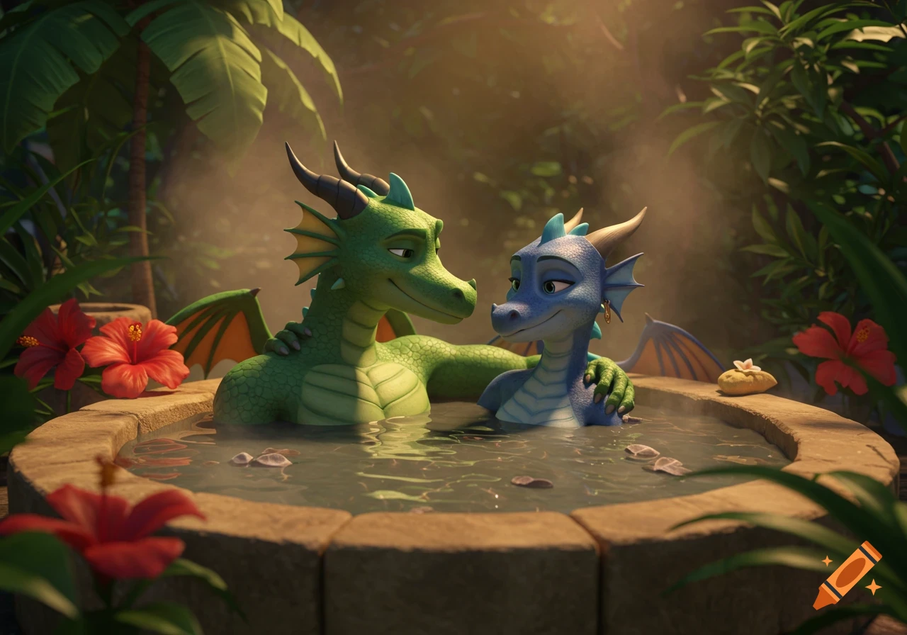 A green and blue cartoon dragon couple relaxes happily in a steamy hot ...