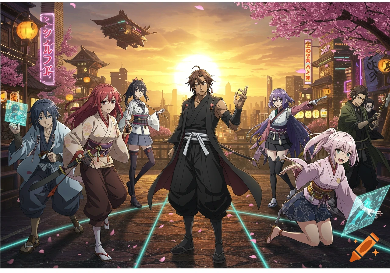 A vibrant anime illustration featuring a large cast of characters ...