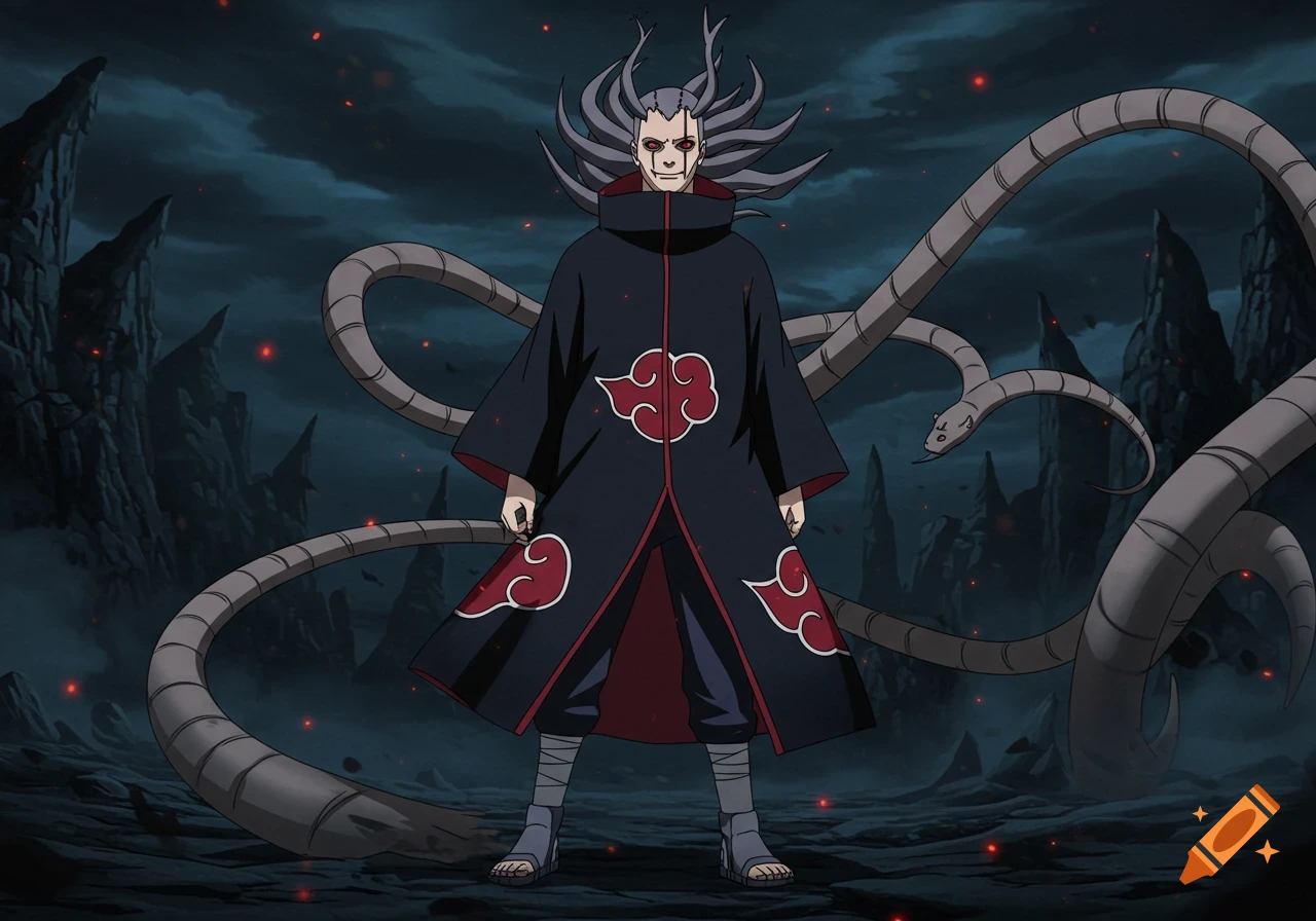 Anime character Kakuzu from Naruto in Akatsuki cloak with stitched face ...