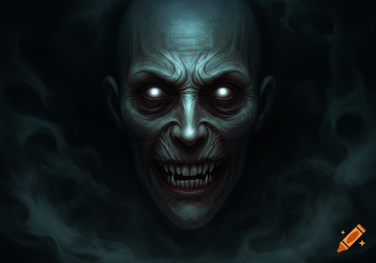 Close-up of a snarling, inhuman face with glowing blue eyes and sharp ...