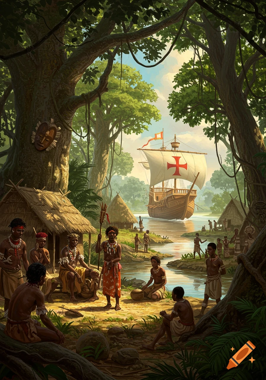 Indigenous people observe a large European sailing ship with a red ...