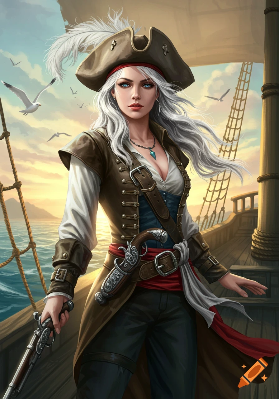 A white-haired female pirate with a feathered tricorn hat and a rifle ...