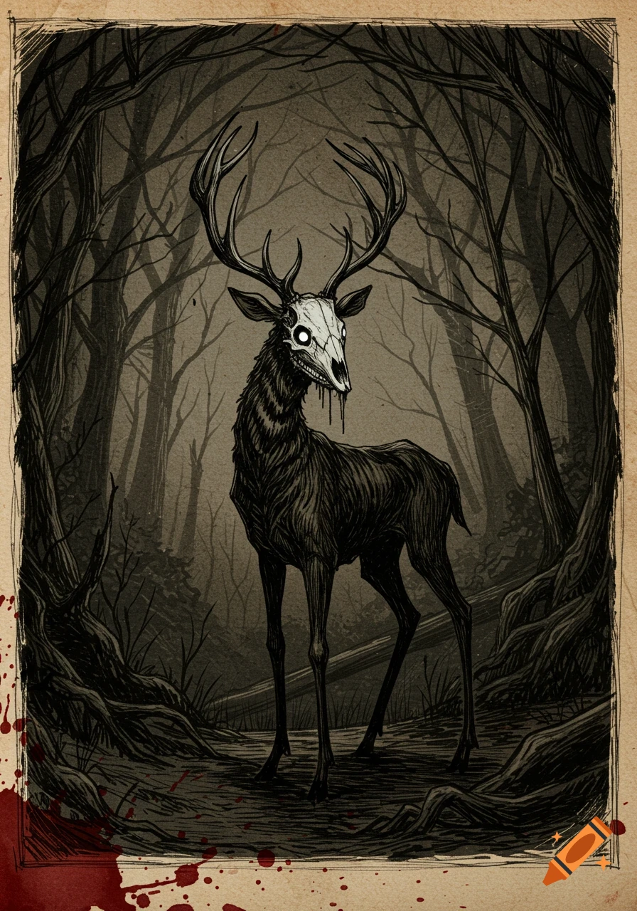 A stylized drawing of a skeletal deer-like creature with antlers and ...