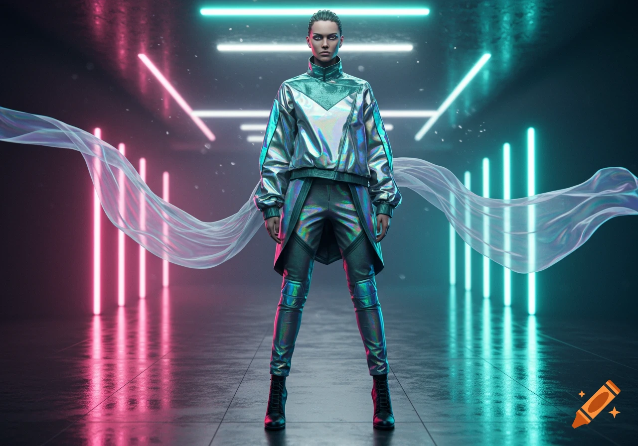 A person in a futuristic iridescent outfit stands in a dark room with ...