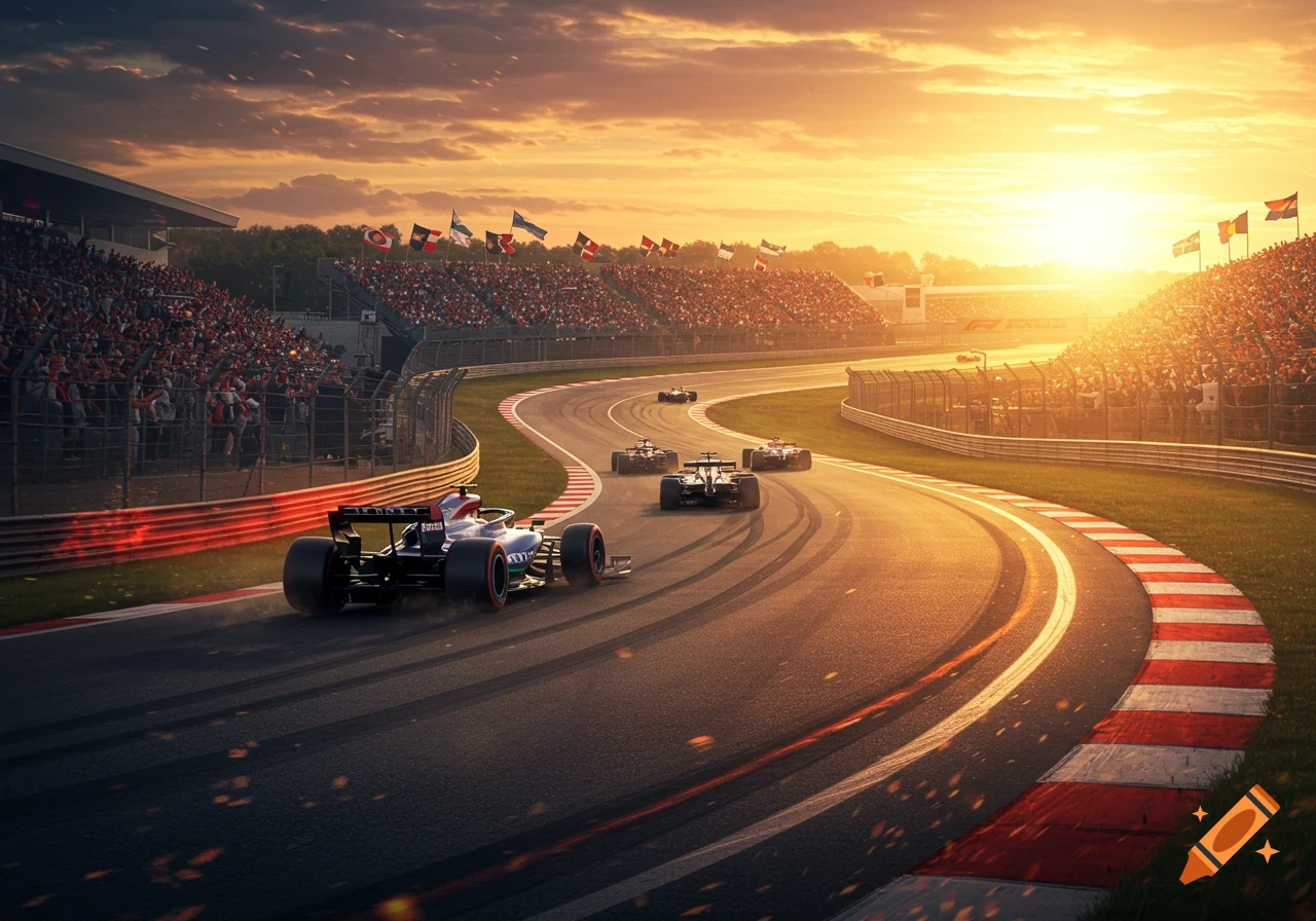 Isaac Newton, with long grey hair flowing, drives a modern F1 race car ...