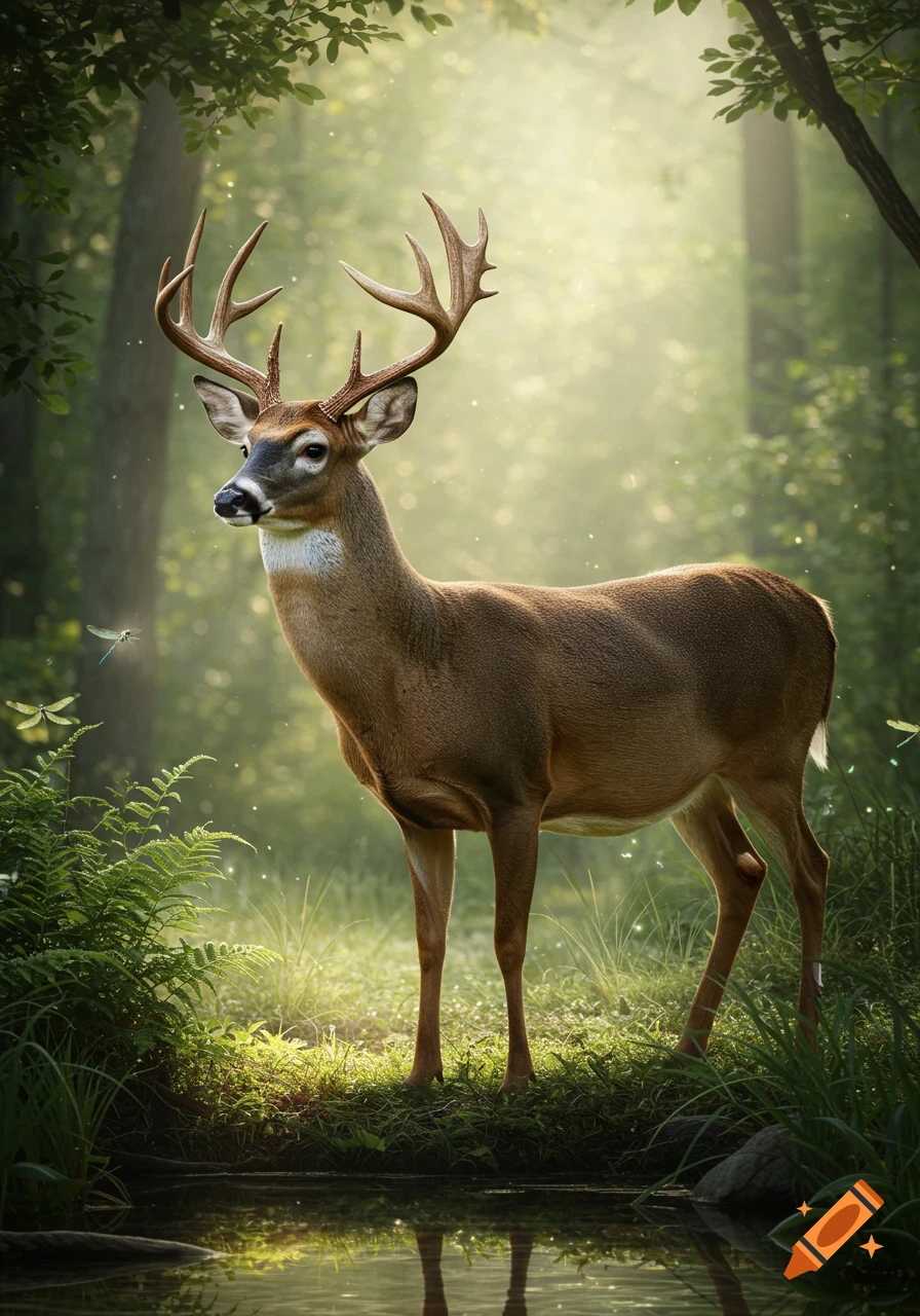 A majestic male whitetail deer with large antlers stands in a sun ...