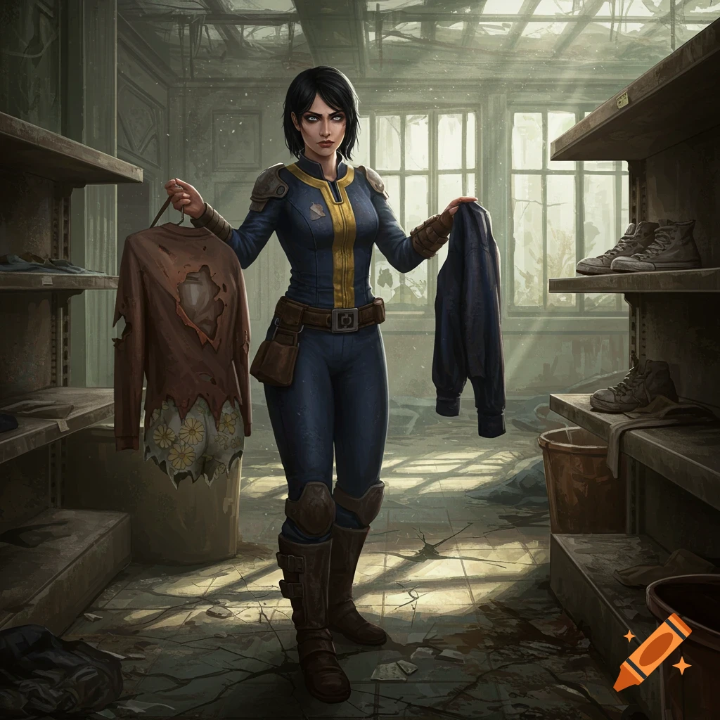 A woman in a blue and yellow Fallout Vault-Suit stands in a ruined ...