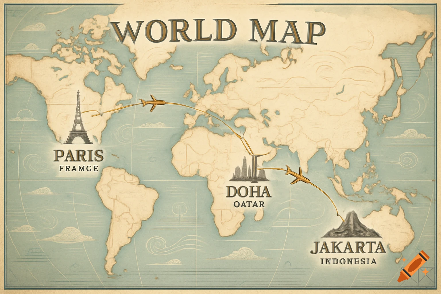 A vintage-style world map shows flight paths from Paris (Eiffel Tower ...