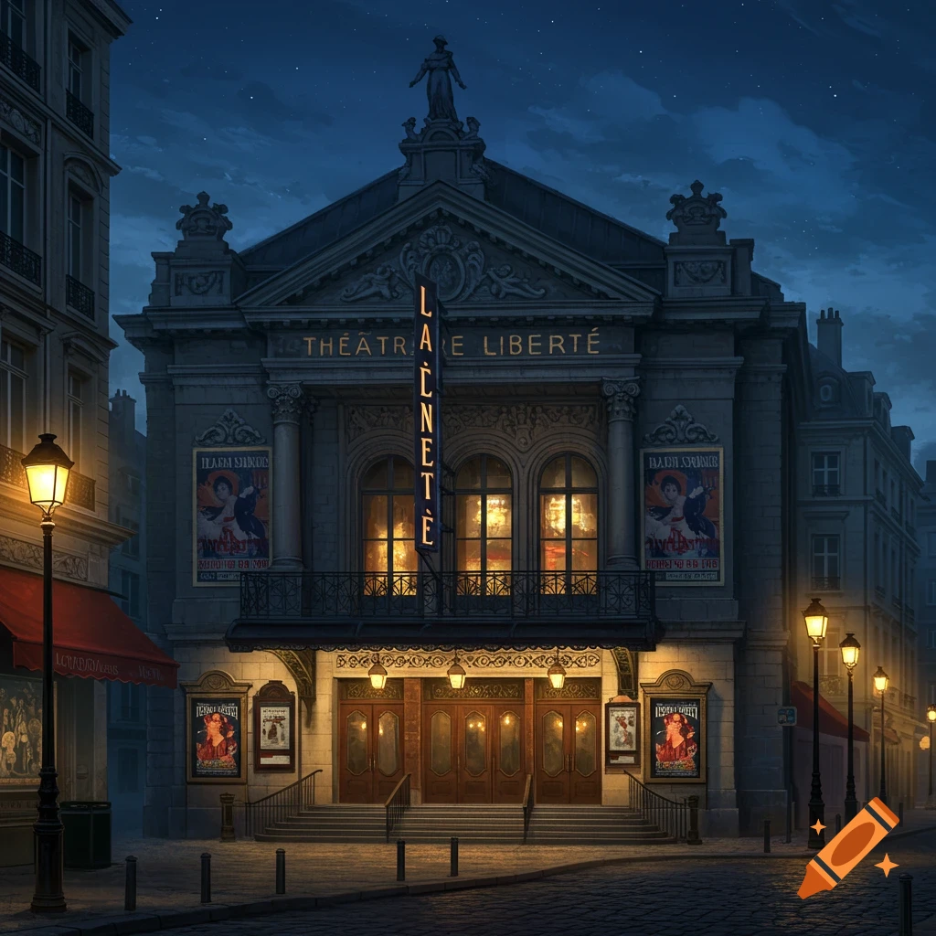 A grand, old stone theater building named "THÉÂTRE LA LIBERTÉ" with ...