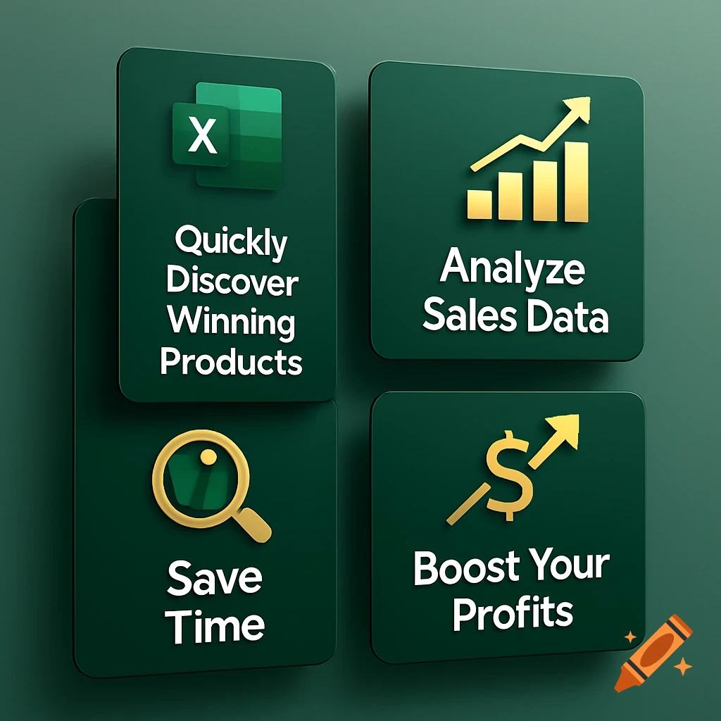 Four dark green panels with golden icons and white text detailing ...