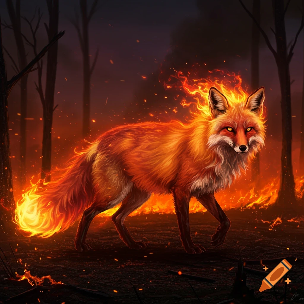 A majestic fox made of fire with glowing eyes walks through a dark, burning forest at night ...