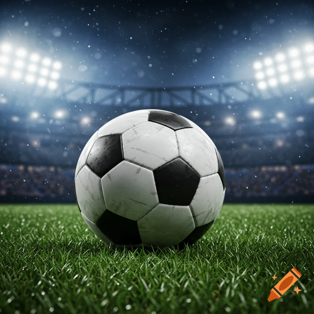 Photorealistic soccer ball on a green grass field inside a floodlit ...