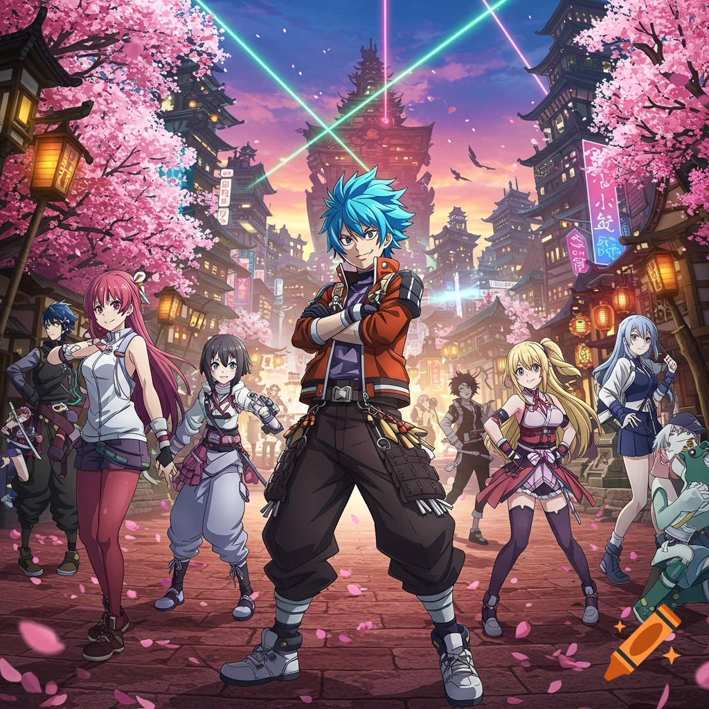 A vibrant anime illustration featuring a large cast of characters ...