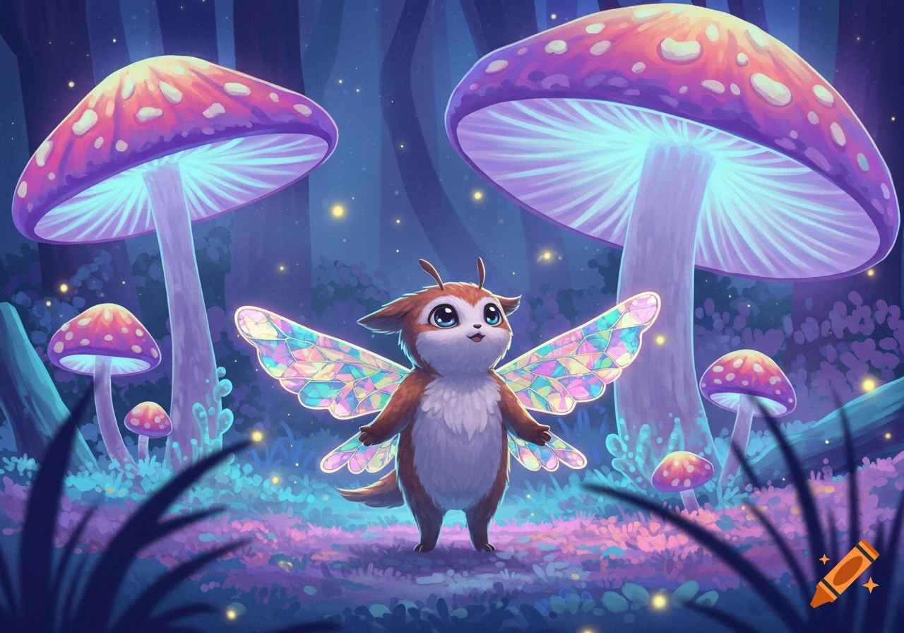 A cute brown furry creature with large blue eyes and iridescent fairy wings stands in a glowing ...