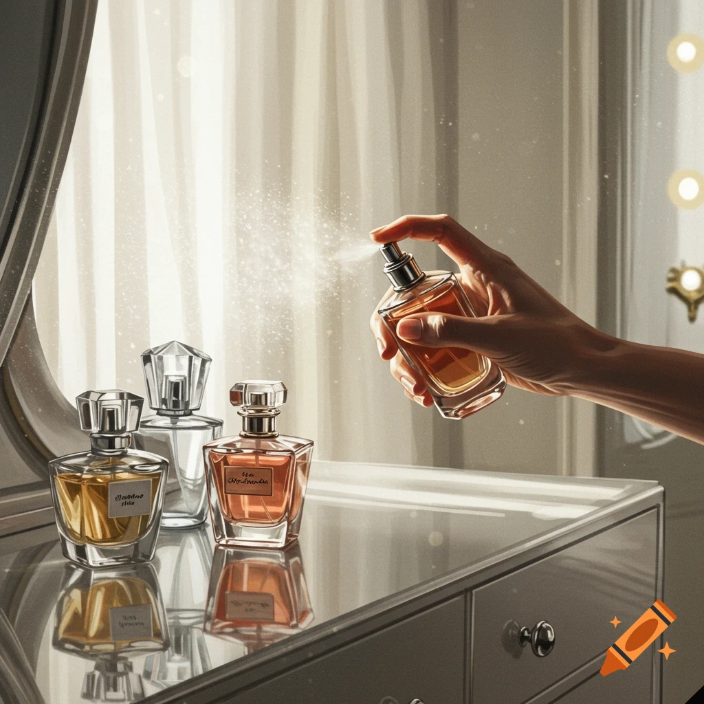 A hand sprays perfume from a bottle on a dresser with other perfume ...