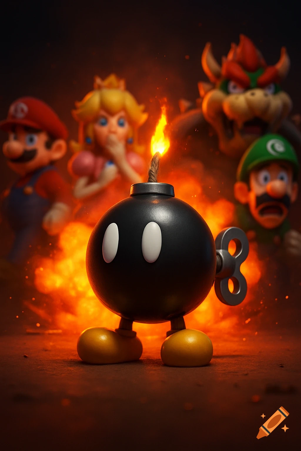 A 3D render of a Bob-omb with a lit fuse and an explosion behind it, as ...