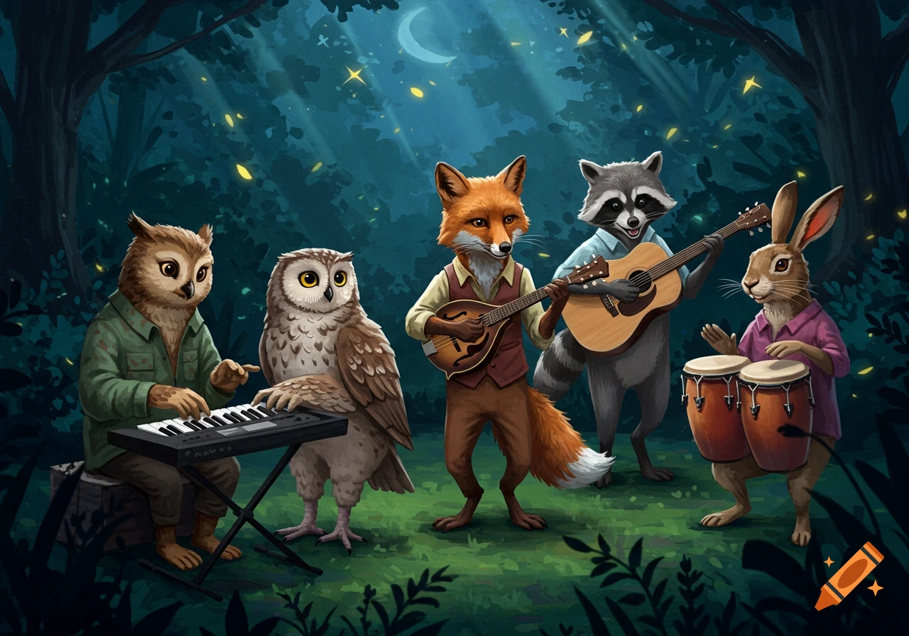 Anthropomorphic animals: owl on keyboard, fox on mandolin, raccoon on ...