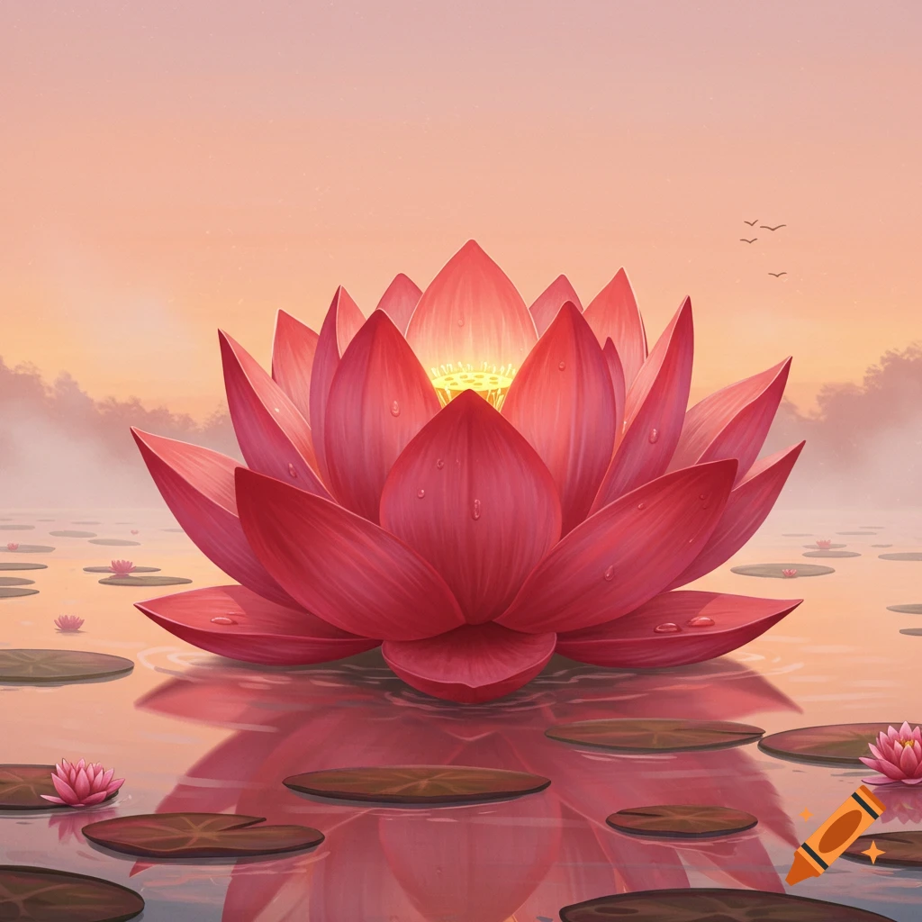 A large, glowing reddish-pink lotus flower on calm water, surrounded by ...