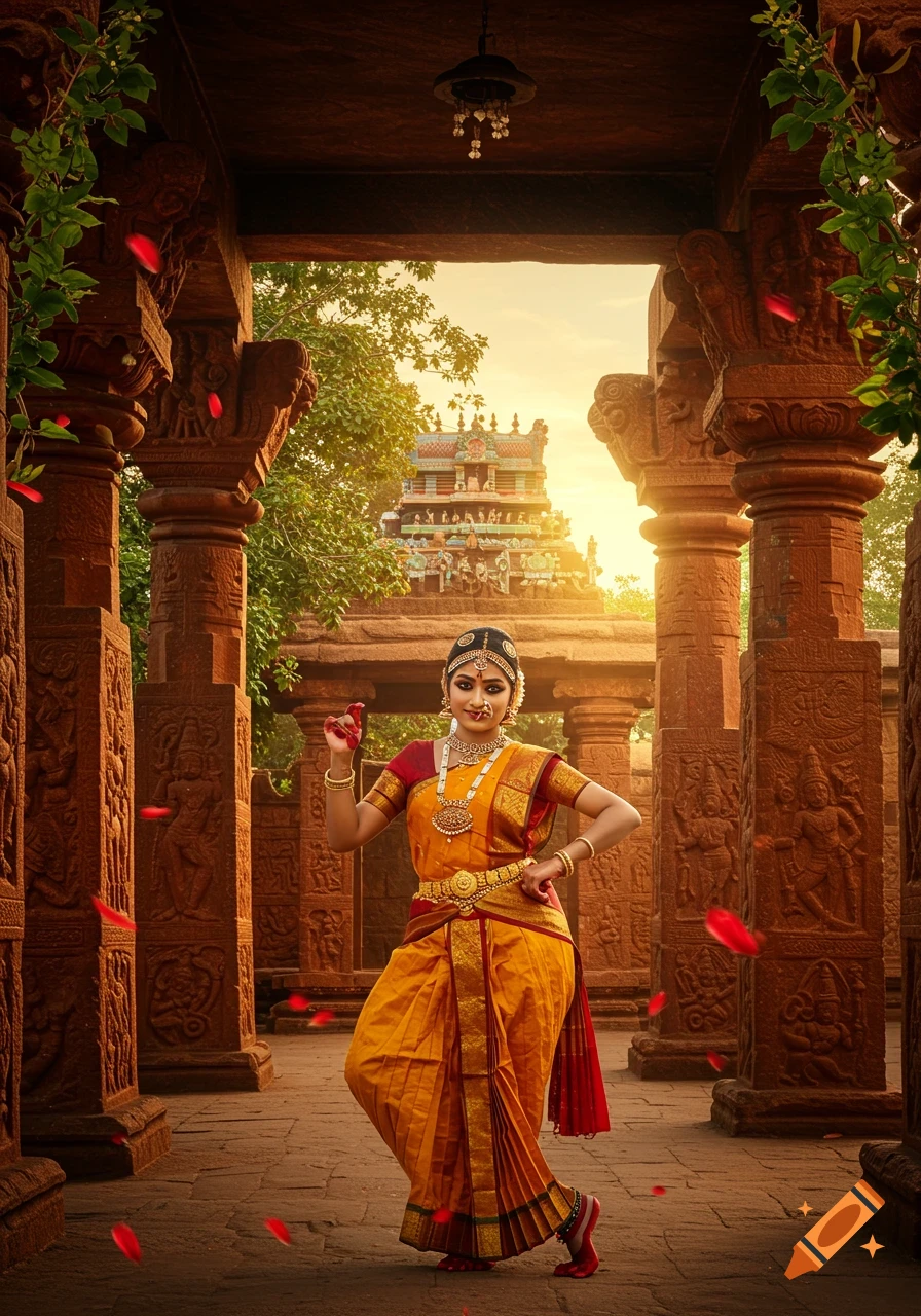 A woman in a vibrant yellow and red sari performs an Indian classical ...