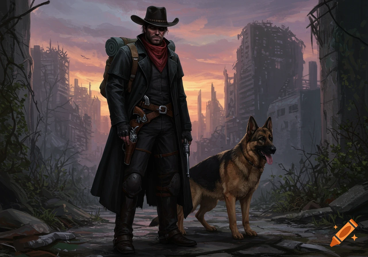 A frontiersman with a backpack and revolvers stands with a German ...