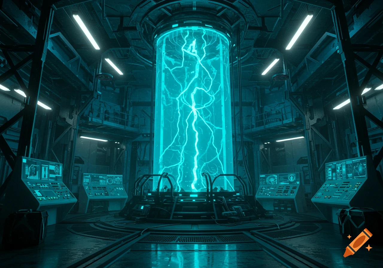 A futuristic, dark lab with a large glowing blue cylinder containing ...