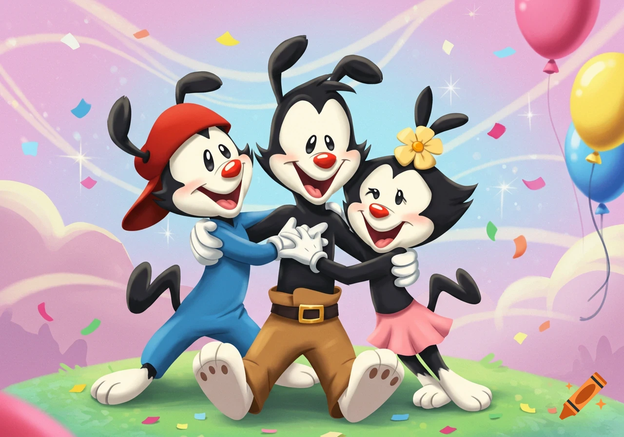 Cartoon characters Yakko, Wakko, and Dot hugging happily with confetti ...