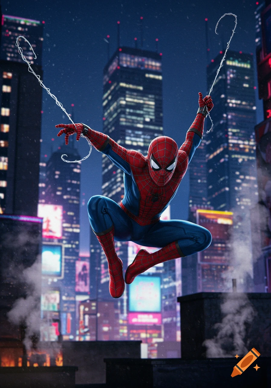 Spider-Man swings through a rainy, neon-lit city at night in a detailed ...