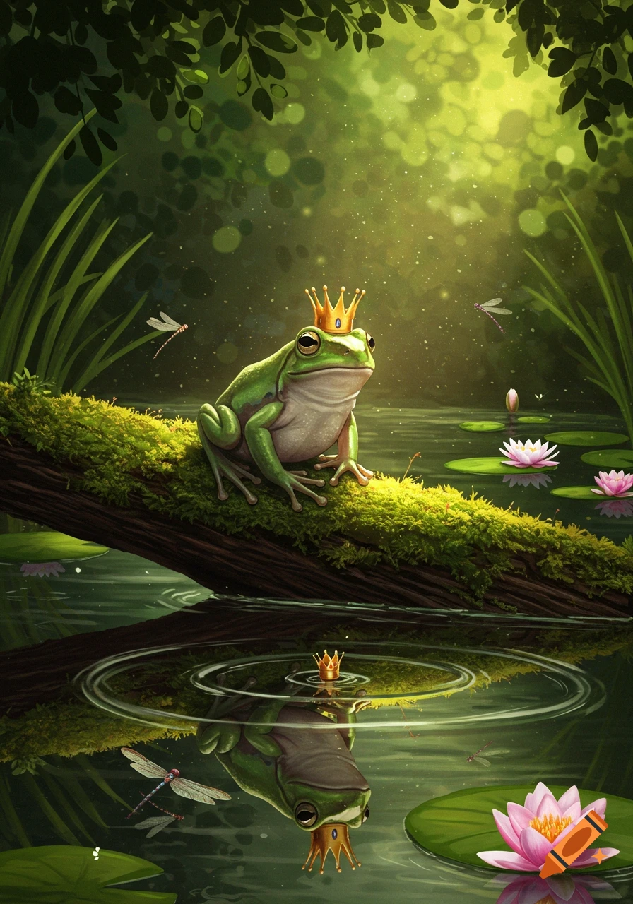 A green frog with a long, curly, furry brown tail sits by a pond with ...