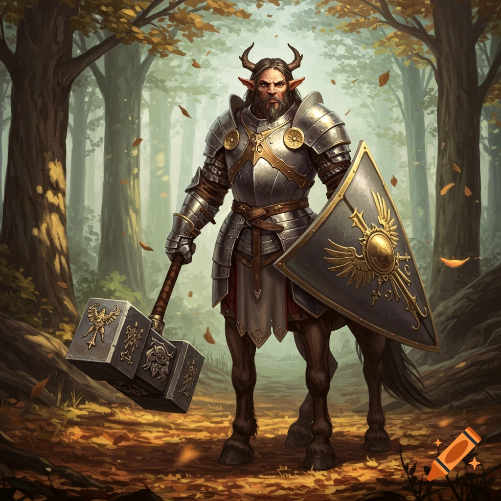 A formidable centaur warrior in full plate armor, holding a warhammer ...