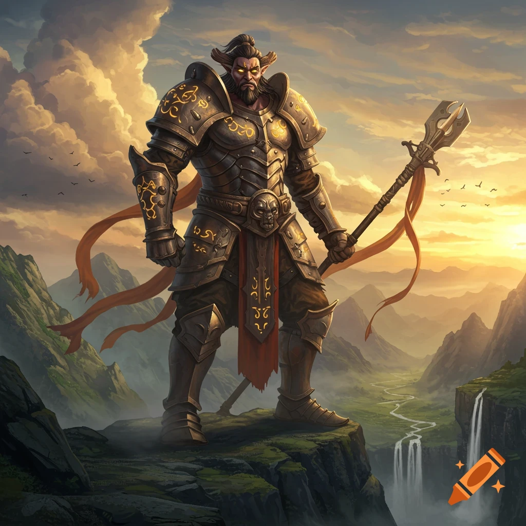 A powerful, heavily armored fantasy warrior with horns and a spear ...